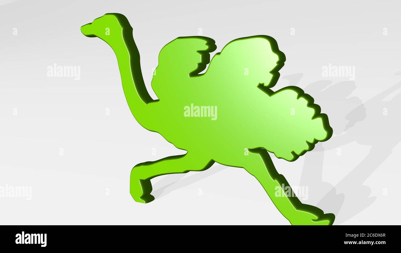 ostrich running made by 3D illustration of a shiny metallic sculpture ...