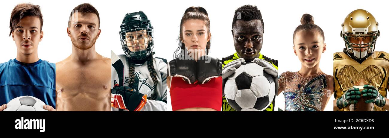 Portrait of athletes on white studio background. Flyer, collage ...
