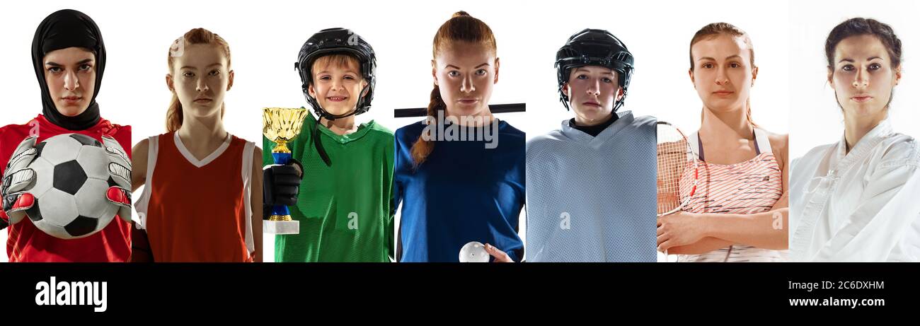 Portrait of athletes on white studio background. Flyer, collage ...