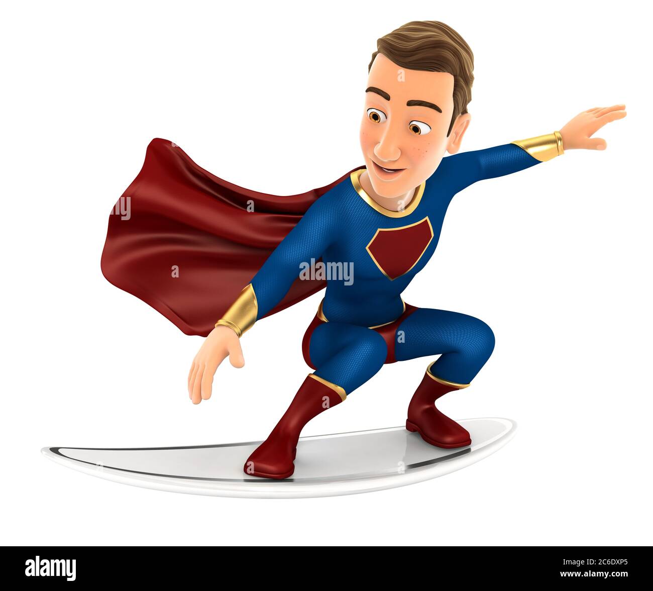 3d superhero surfing on a surfboard, illustration with isolated white ...