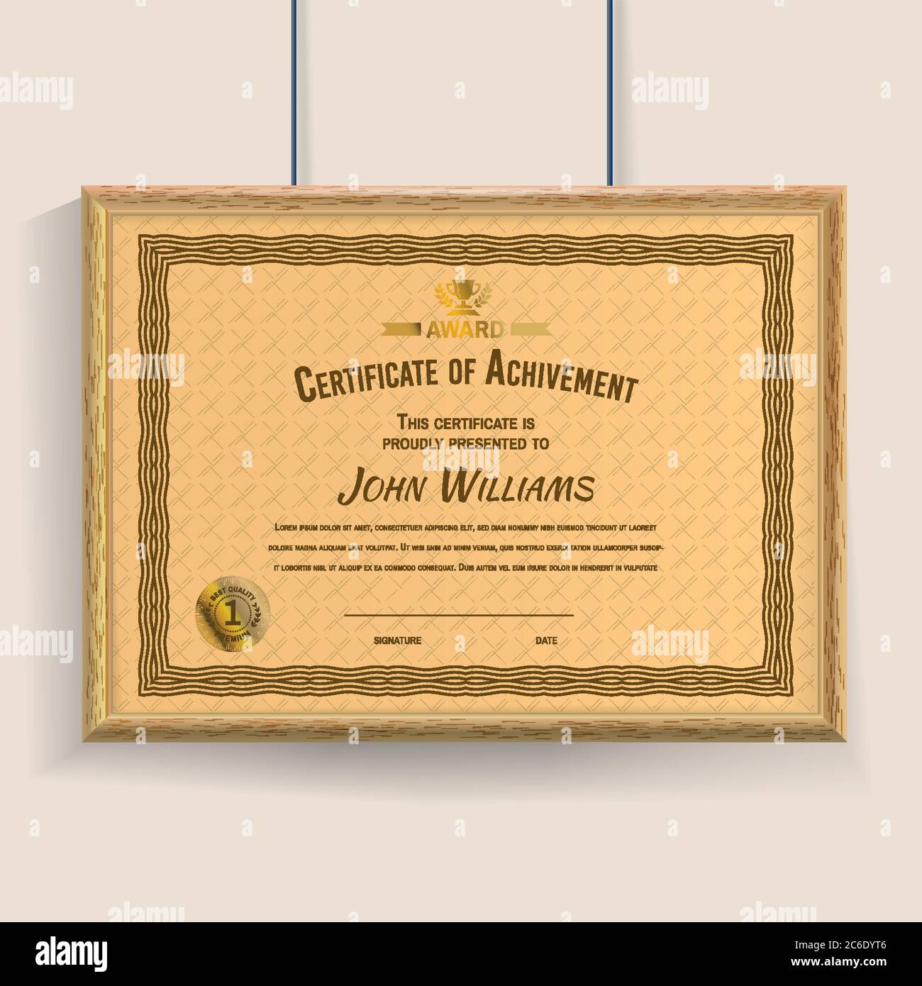 Official beige certificate with brown realistic border on white wall ...