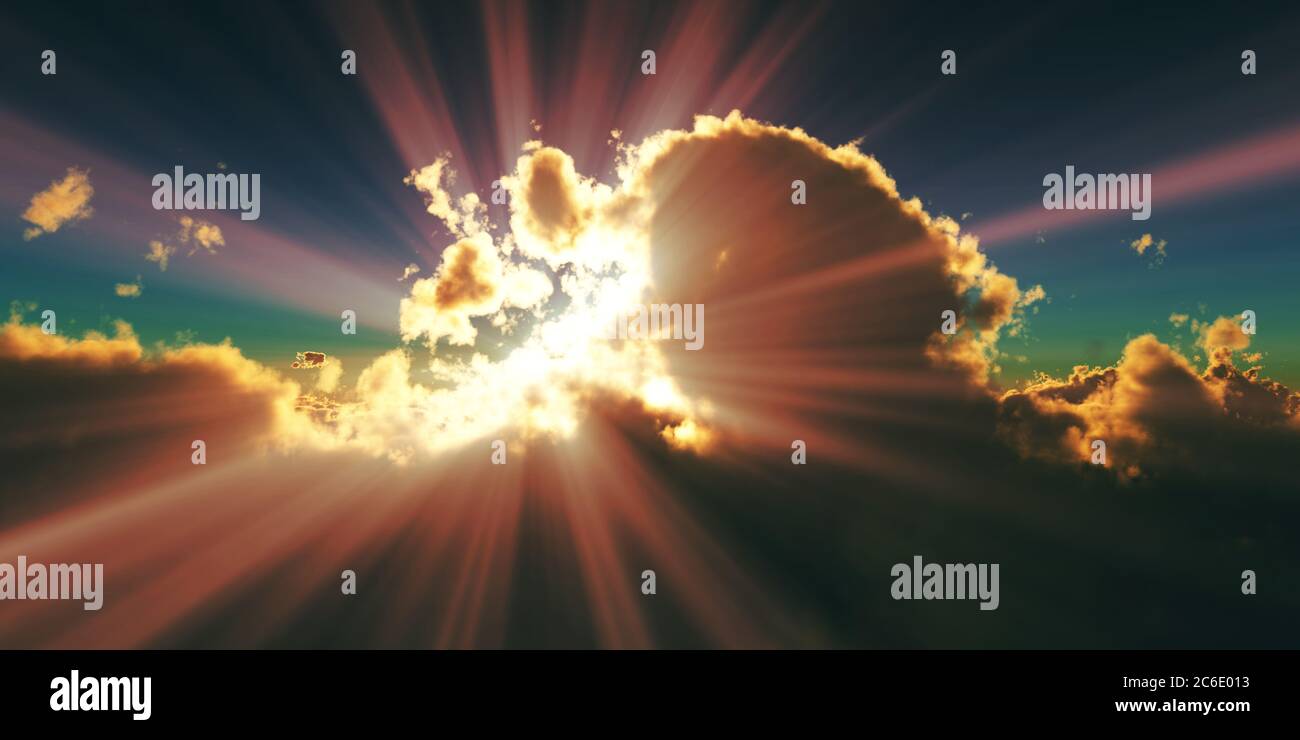 above clouds sun ray sunset. 3d render illustration Stock Photo - Alamy