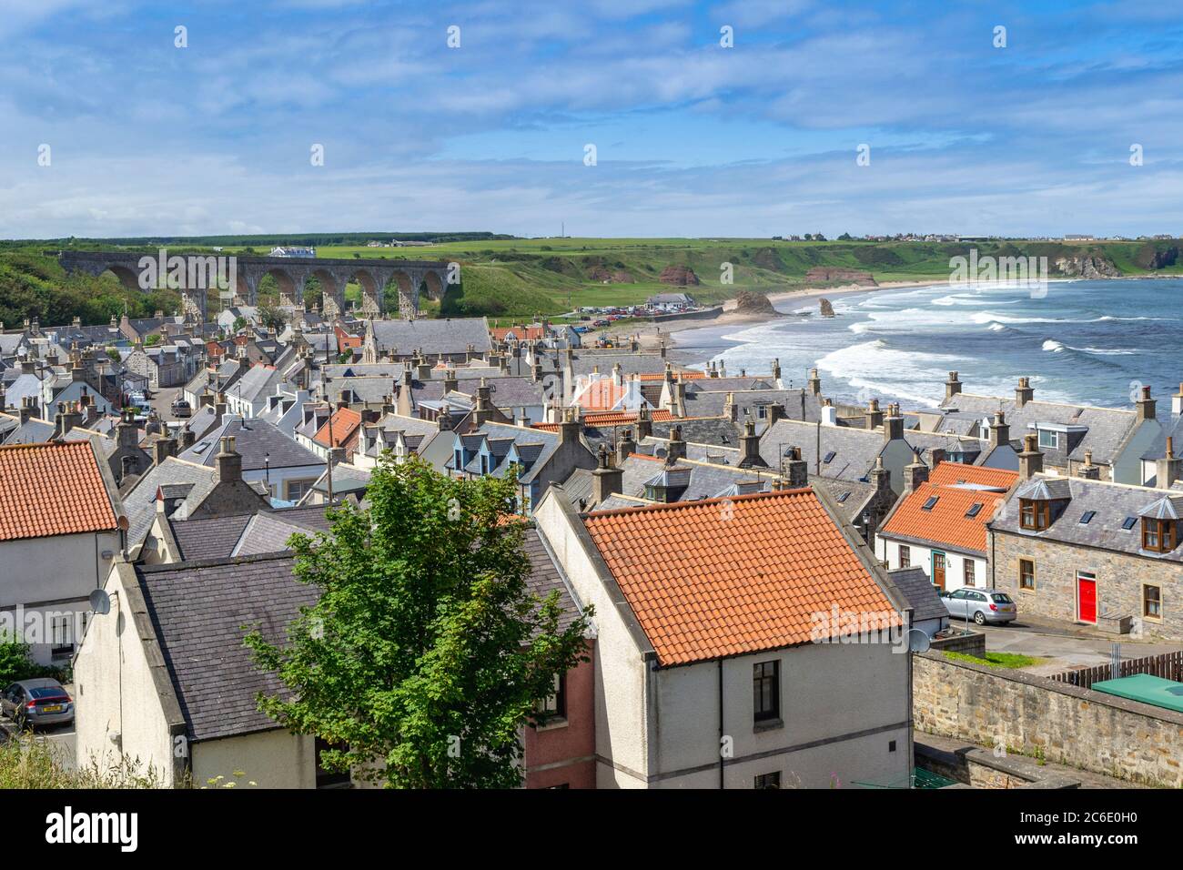CULLEN BAY BEACH AND TOWN MORAY COAST SCOTLAND THE HOUSES AND RAILWAY ...
