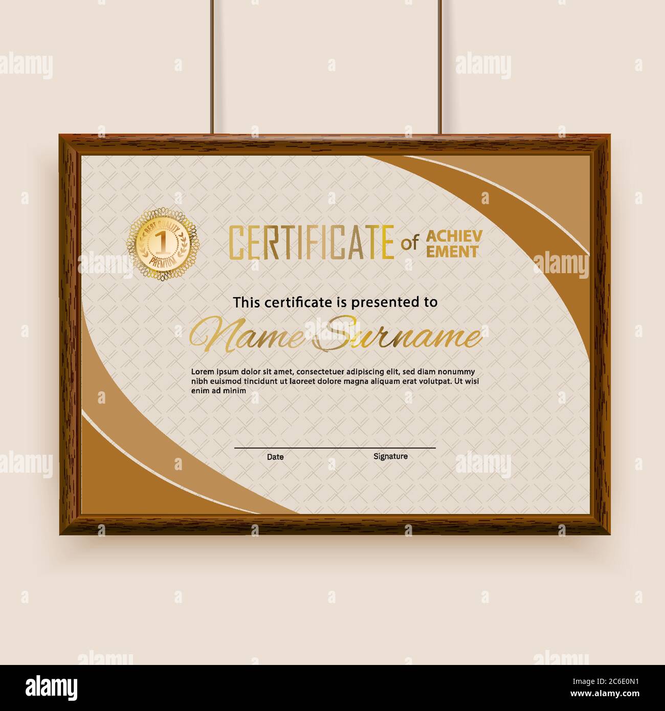 Official beige certificate with brown realistic border on white wall ...