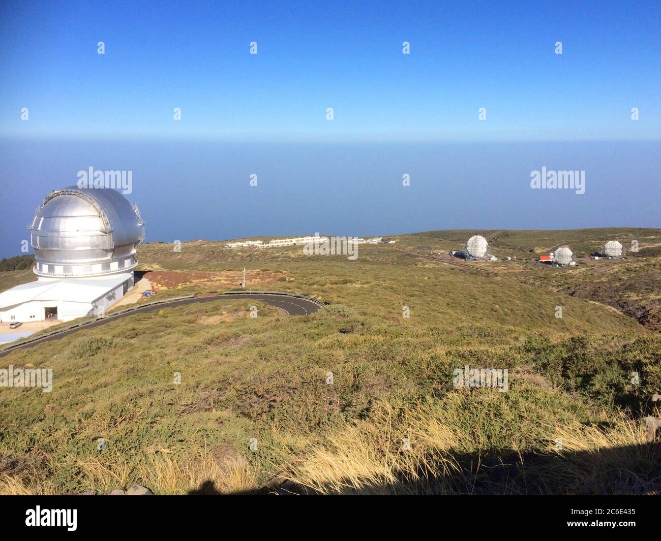 Rim of volcano on La Palma, Canary Isles. Telescopes of observatories ...