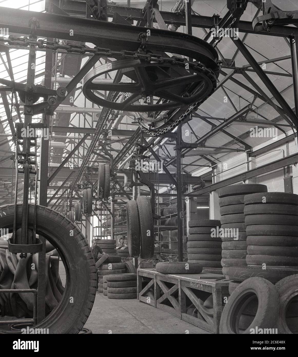 1950s, historical, inside of a tyre manufacturing and re-treading ...