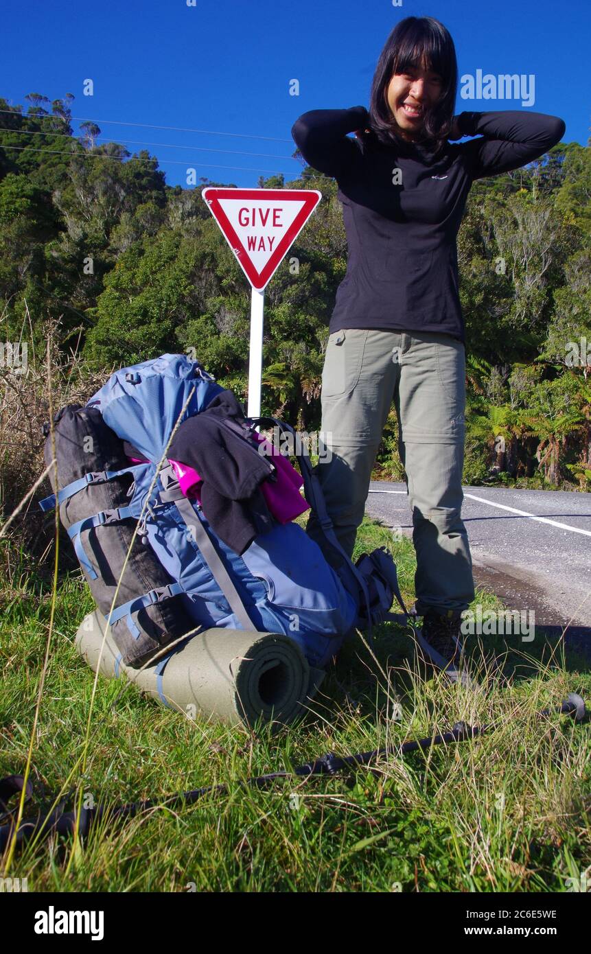 thai female backpacker. Alternative Te Araroa Trail route. Karamea ...