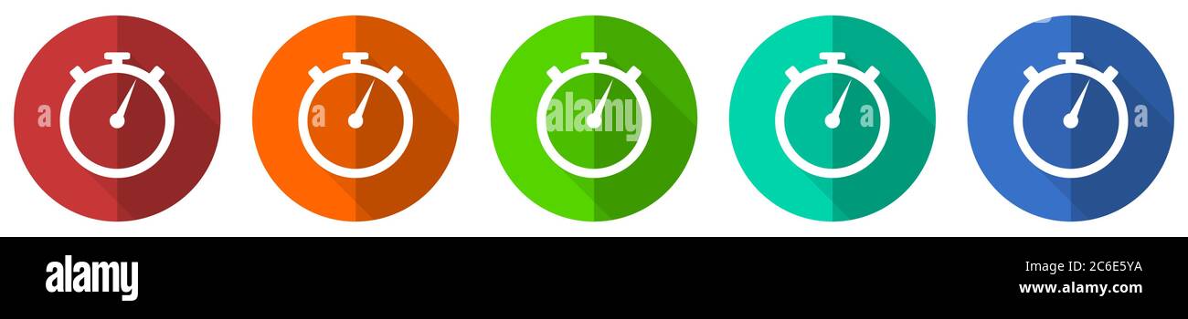 stopwatch icon set, red, blue, green and orange flat design web buttons ...