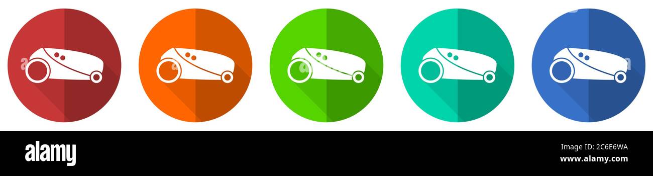 Robot, automatic grass mower icon set, red, blue, green and orange flat ...