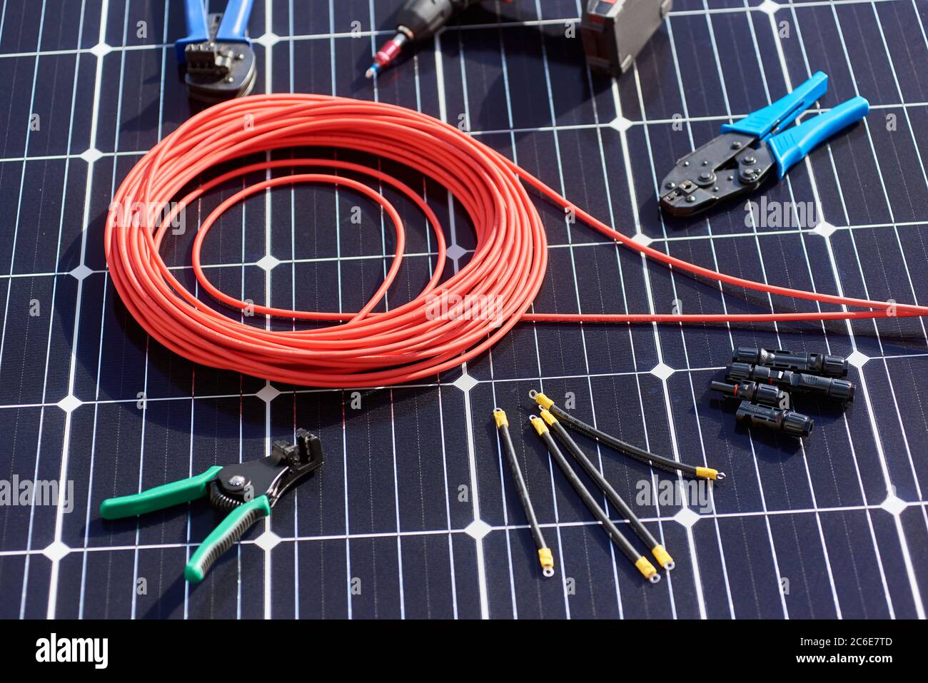 Close-up view of different details and instruments for installing and ...