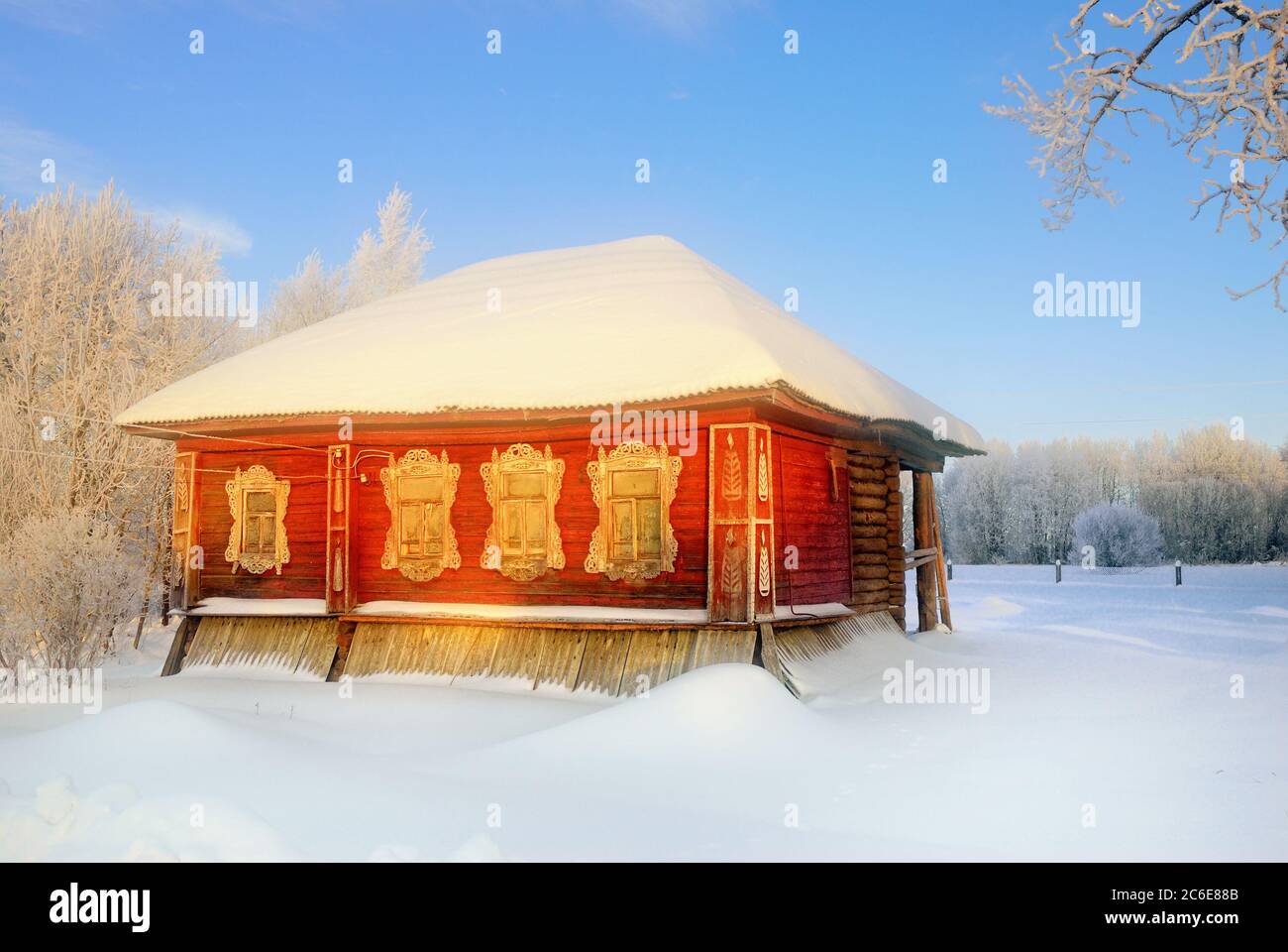 Winter landscape with frozen tree and wooden house at sunrise, Russia ...