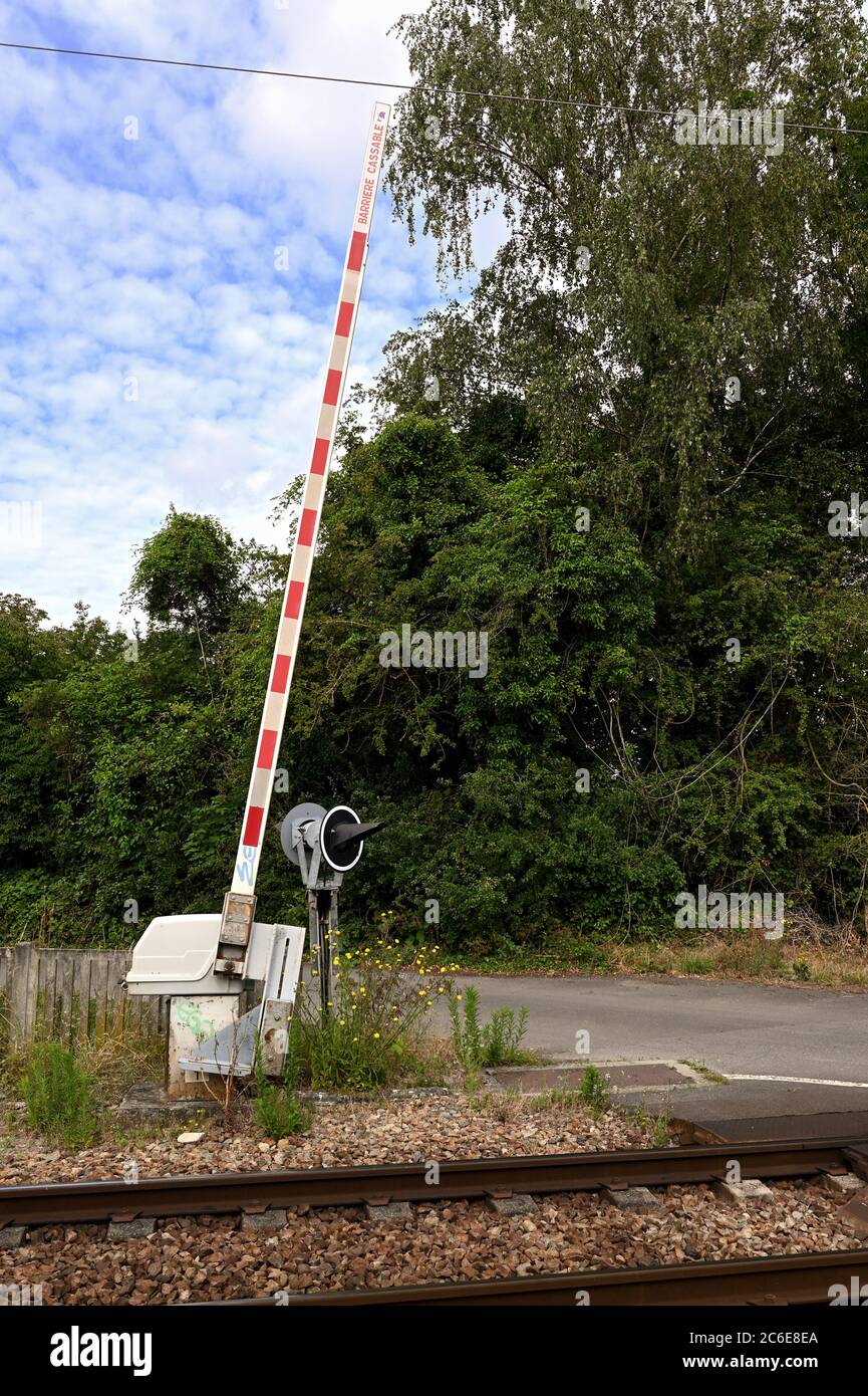 Automatic railroad crossing with trees in the background Stock Photo ...
