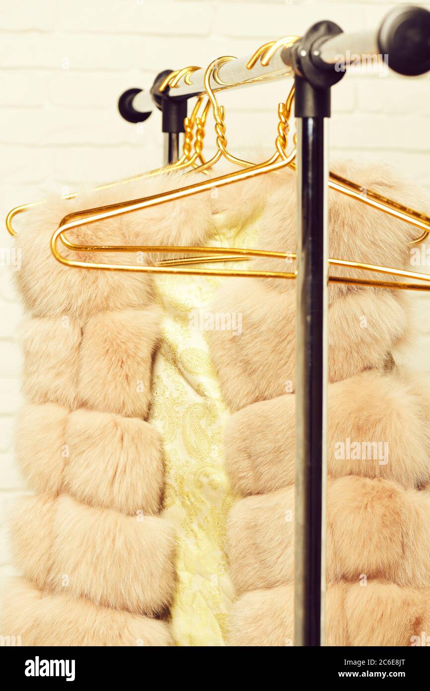 fashionable luxurious waist coat of fur hanging on rack on golden ...