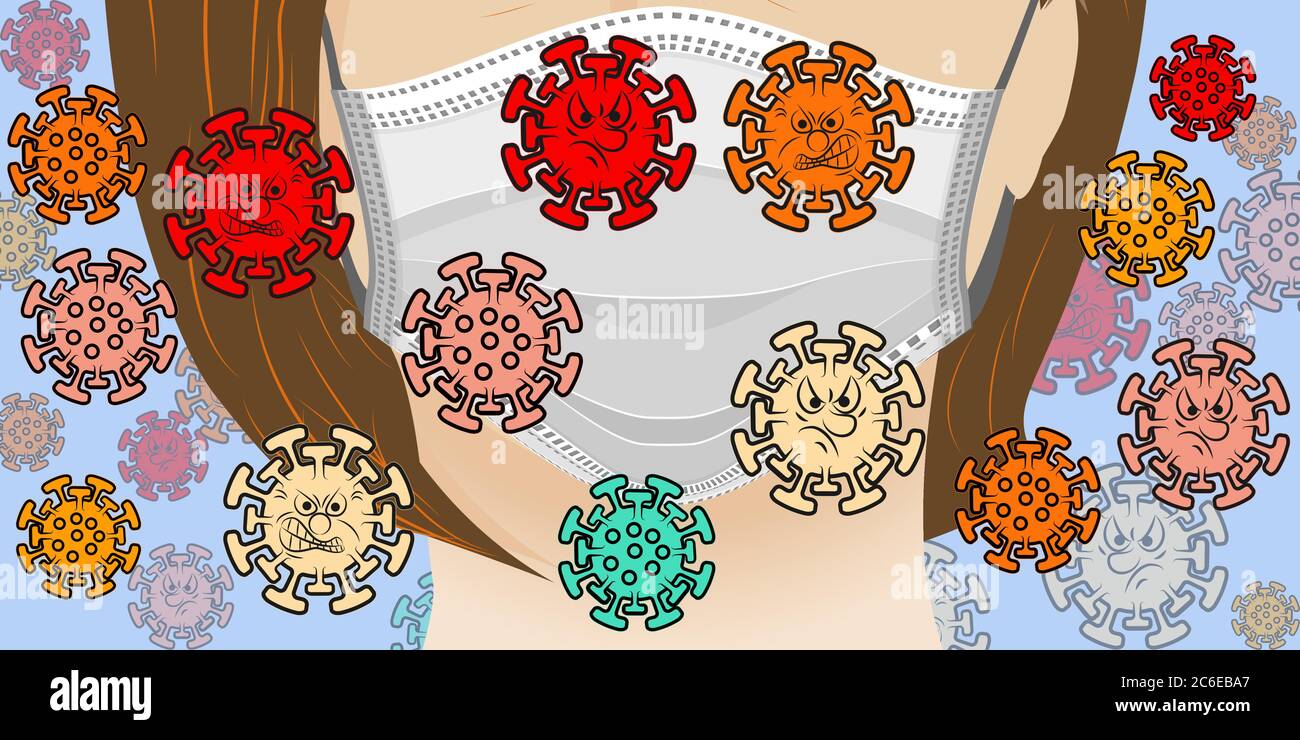 Part of a female face in a mask surrounded by malicious viruses. Vector ...
