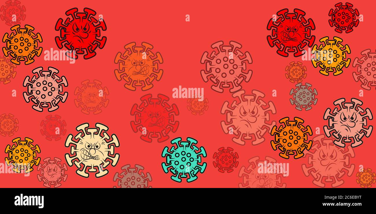 Corona virus cartoon childrens design colorful viruses hand draw on red ...