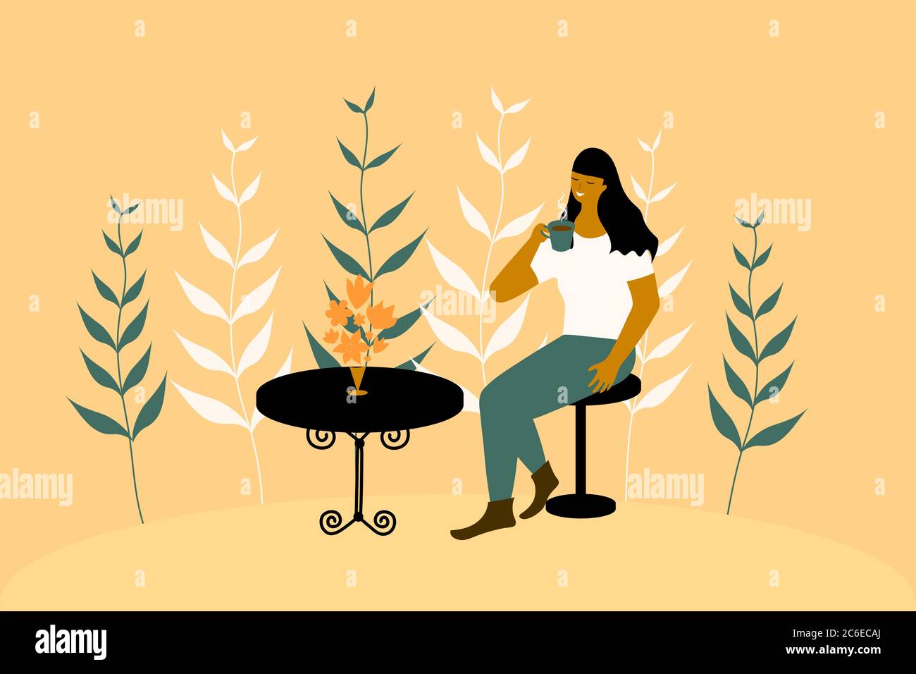 Young woman enjoying a cup of tea in a garden. Resting in a cafe ...