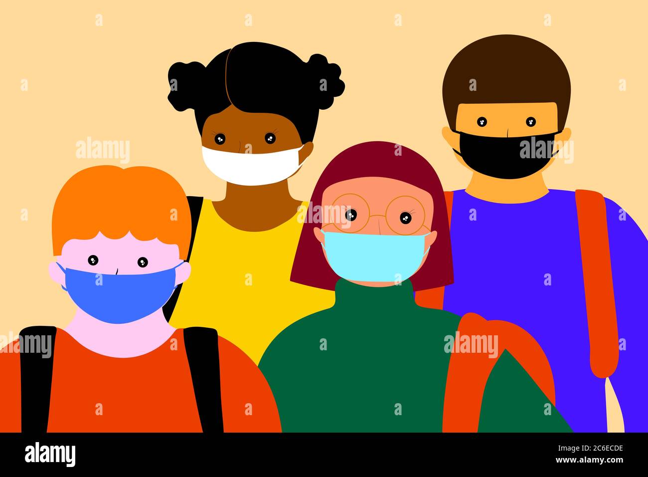 Children wearing masks and going to school. Children's first epidemic ...