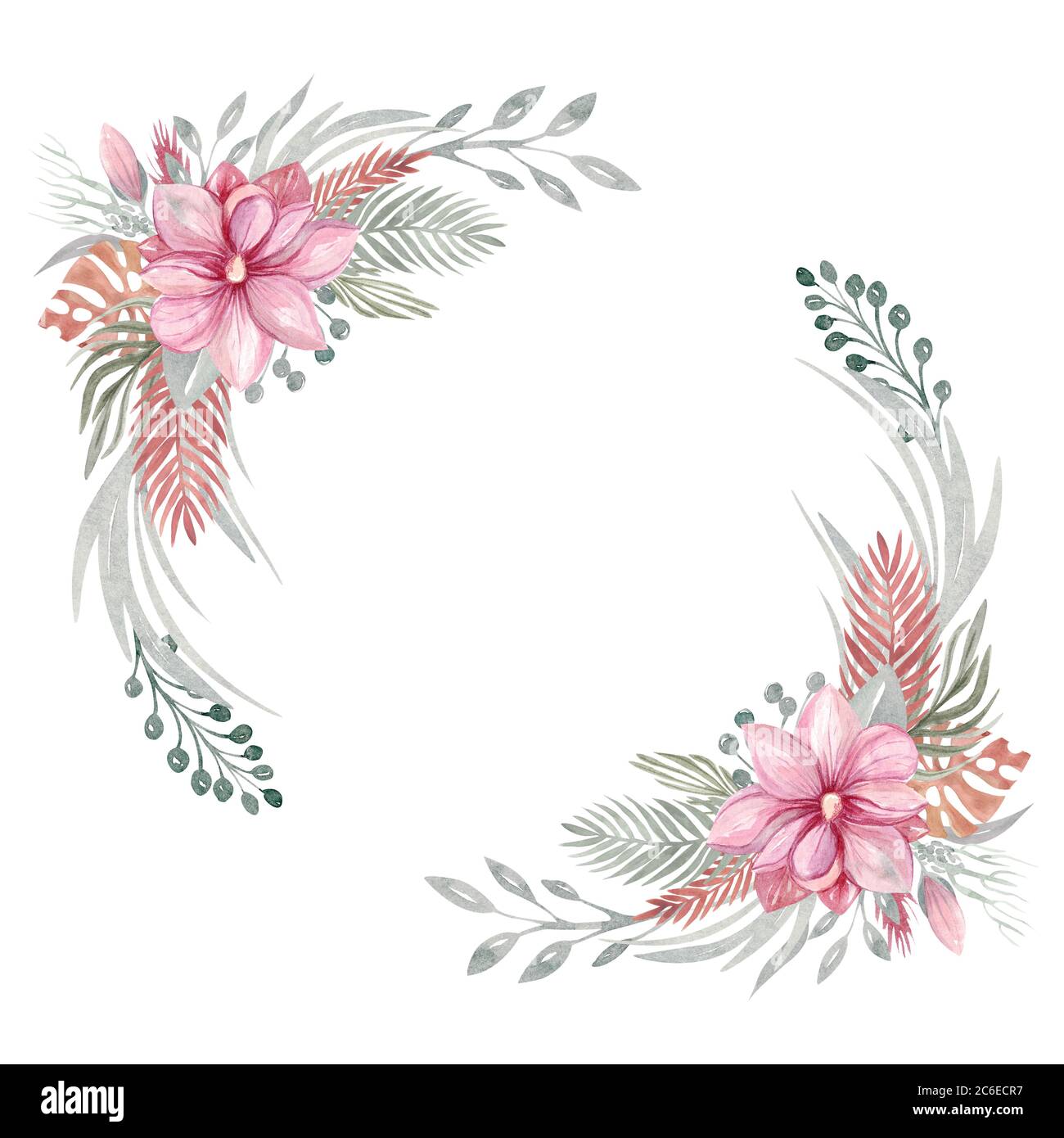 Watercolor Floral Boho frame autumn dried flowers and branches. Pink ...