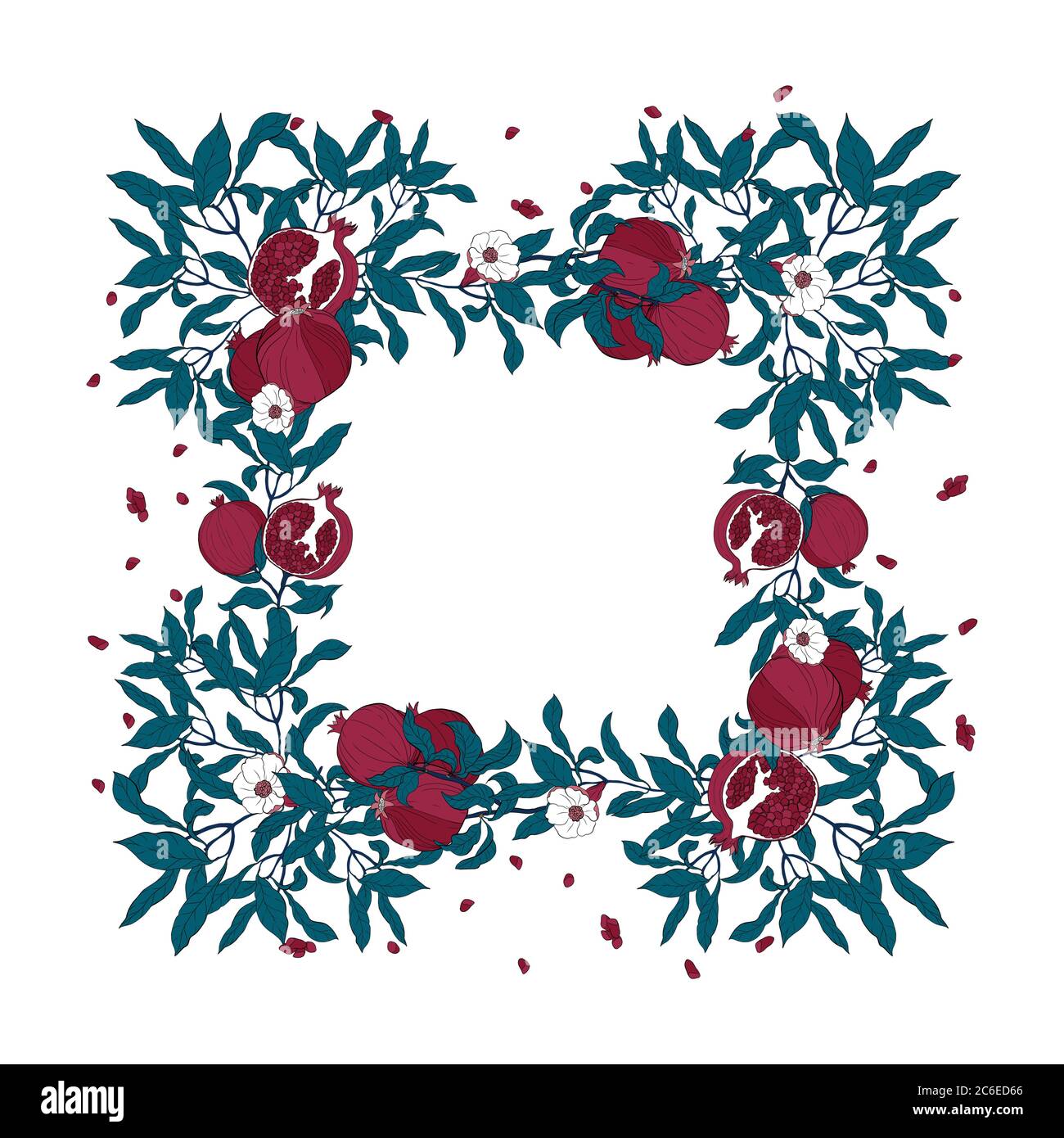 Vector square frame of pomegranate leaves, seeds and flowers. Vector ...