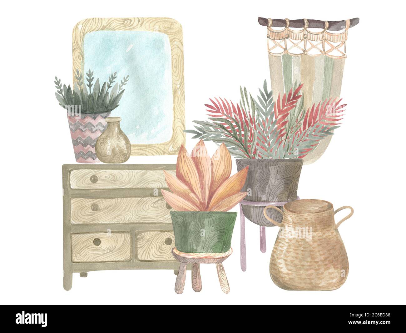 Watercolor house potted plant elements, modern bohemian scene, indoor ...