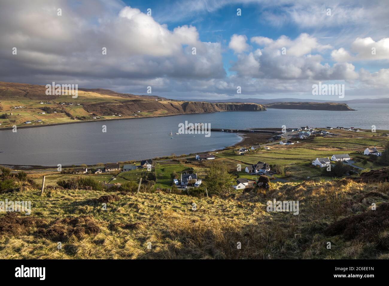 View from the surrounding hills of the bay and small port of Uig on the ...