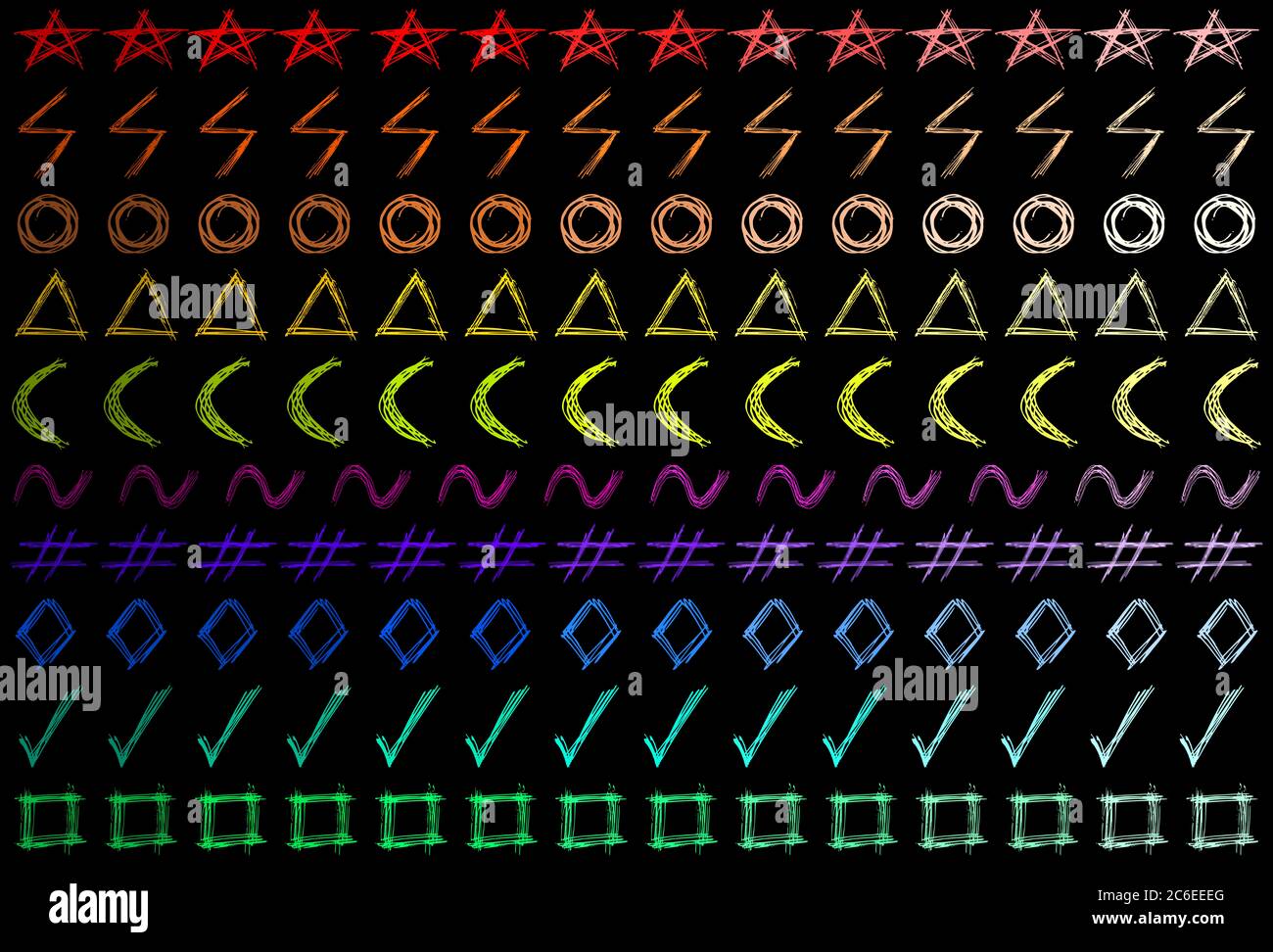 Pattern of multiple hand drawn shapes in multi-color gradient style ...