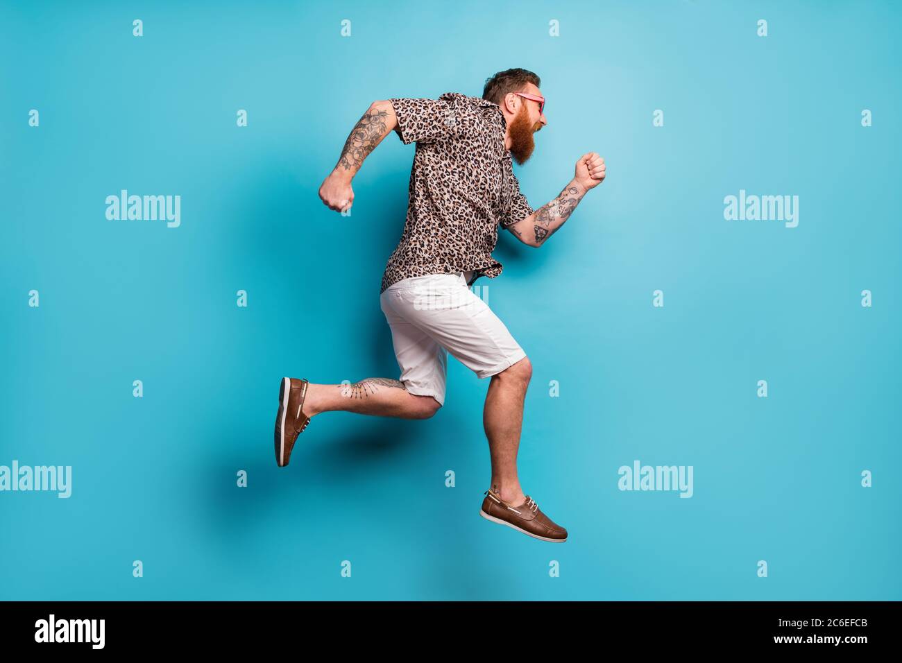 Full size profile photo of crazy guy jumping high up rushing shopping ...
