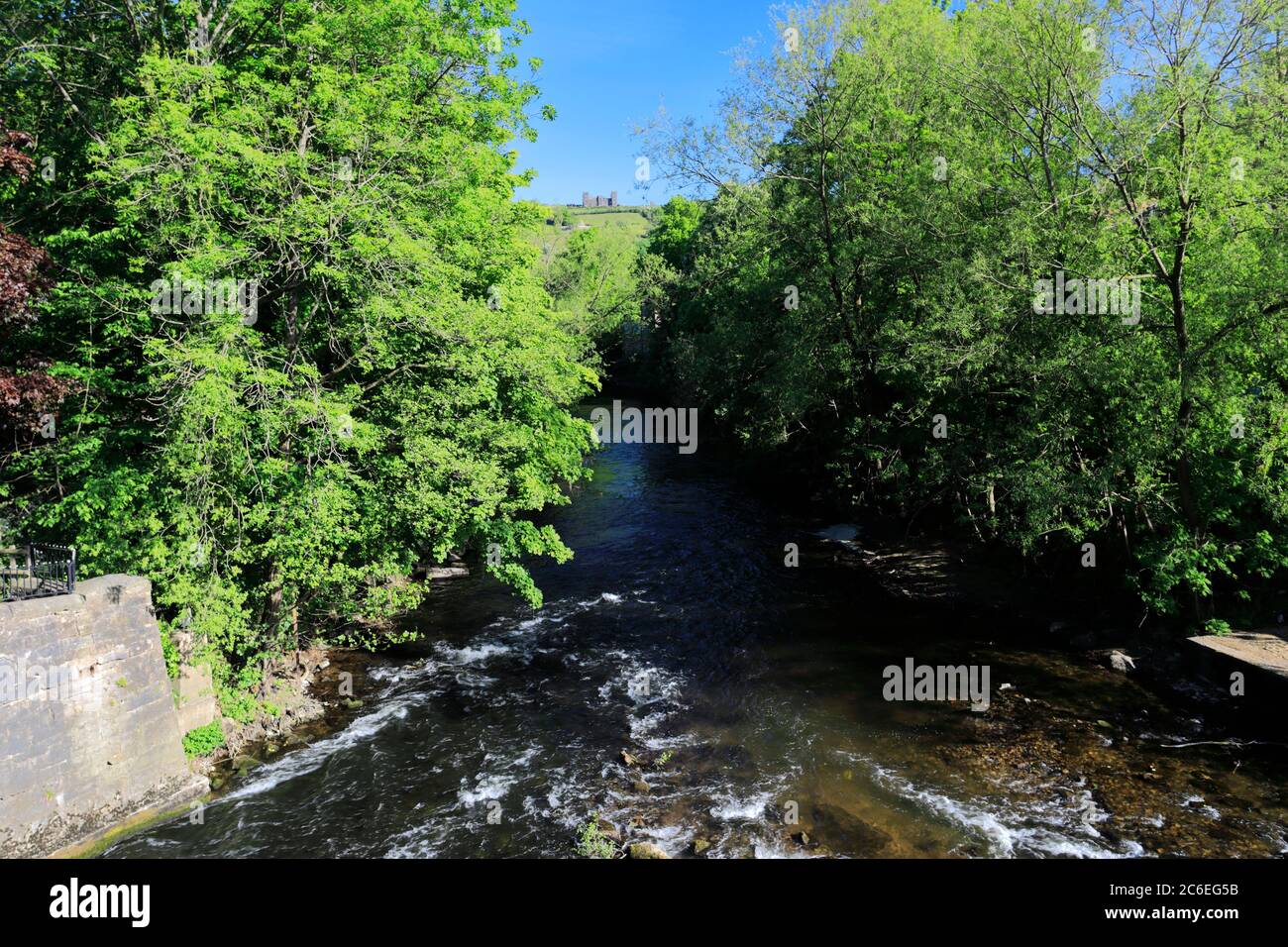 Spring view of the river Derwent and Riber Castle in the market town of ...
