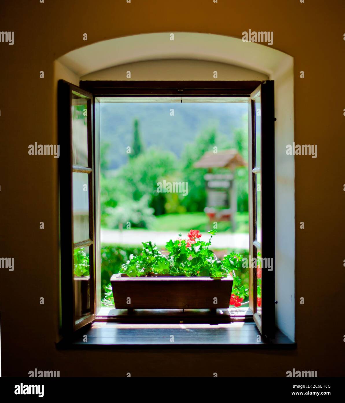 Window view towards garden Stock Photo - Alamy