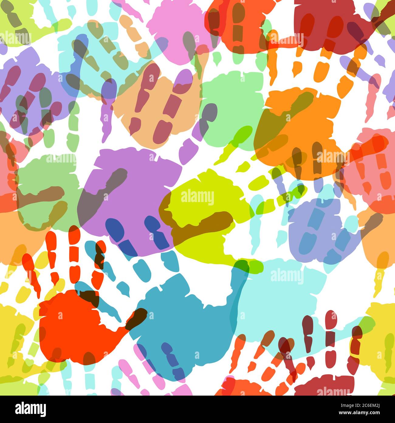 seamless pattern of handprints, multicolored handshapes, vector ...