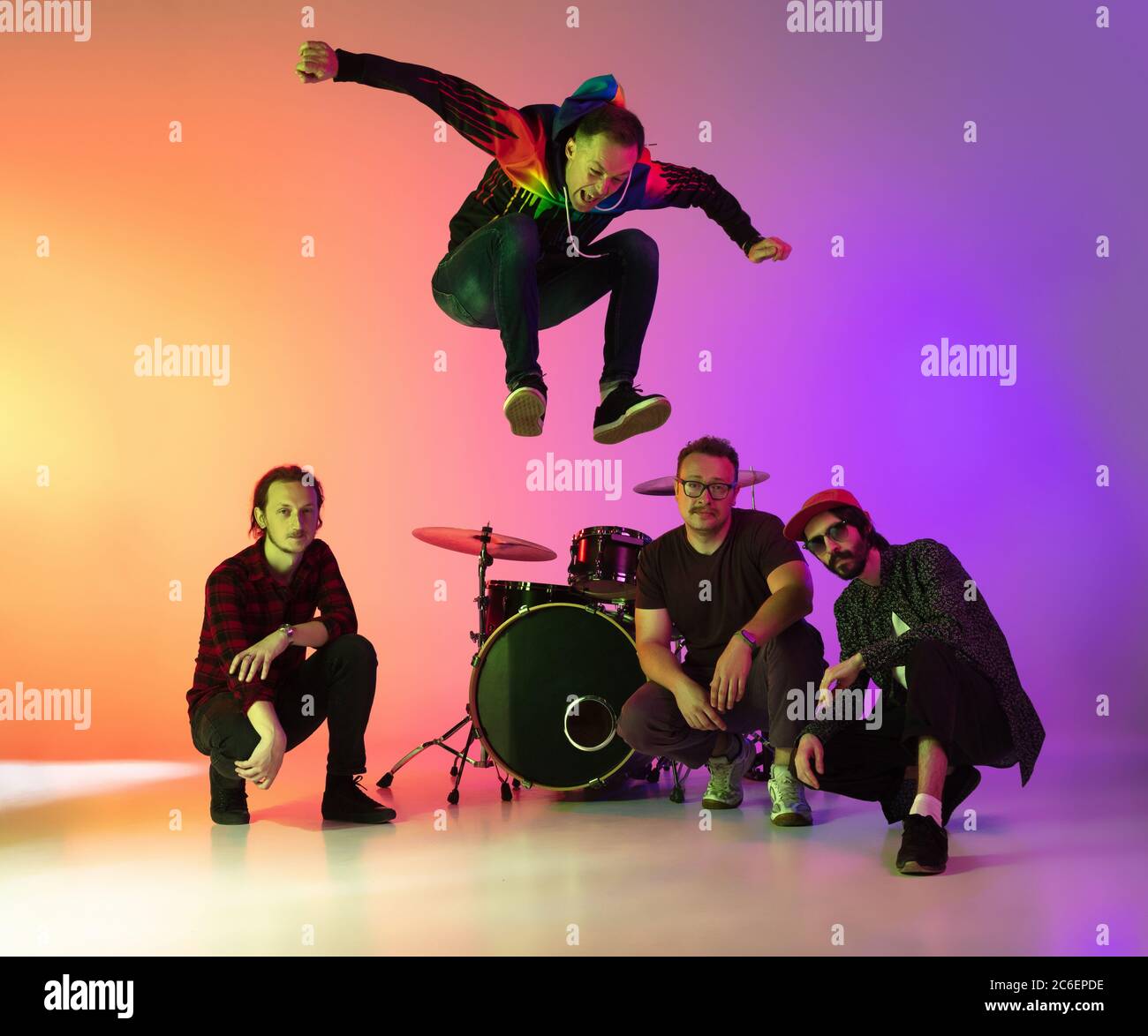 High jump. Famous poster. Young inspired, expressive music band ...