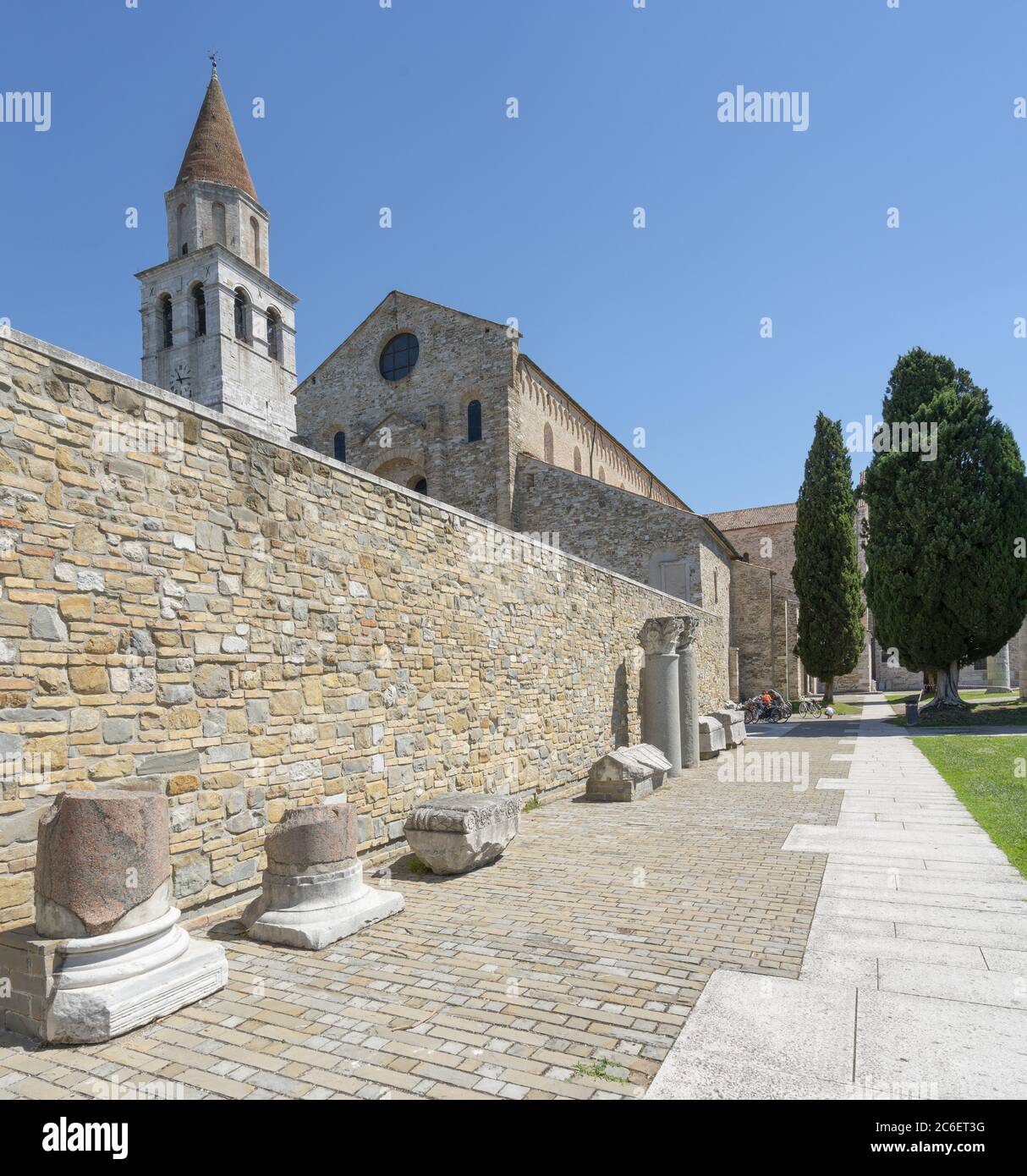 Aquileia, Italy. July 5, 2020. Some Roman archaeological finds in front ...