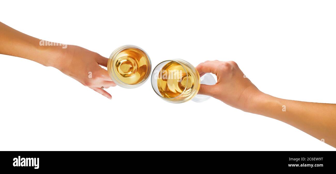 Hand holding white wine glass - cheering - isolated Stock Photo - Alamy
