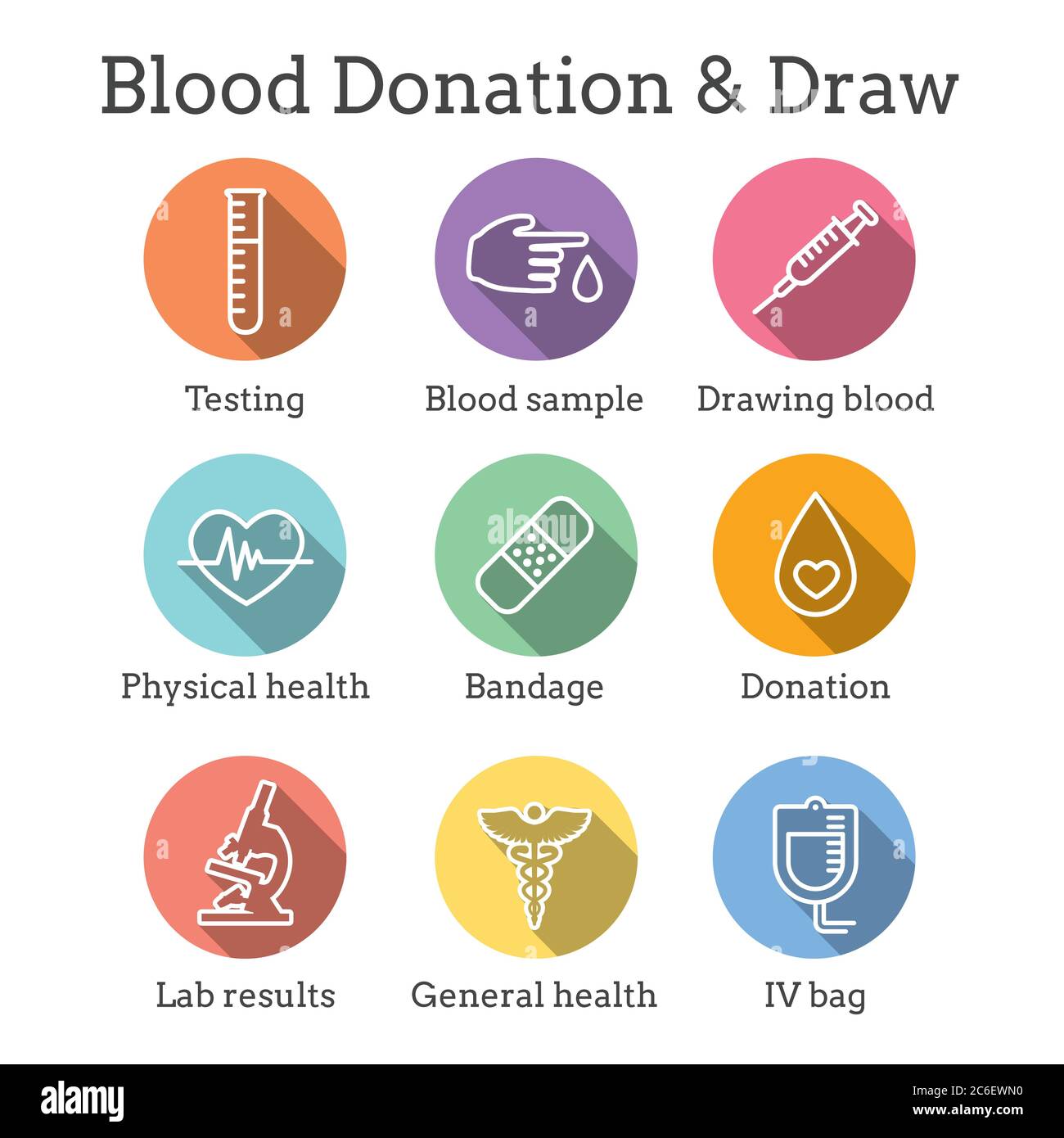 Blood testing & work icon set with syringe, donation, and blood sample ...