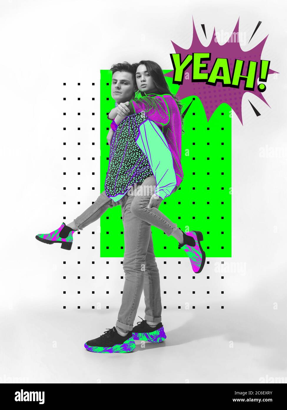 Casual young stylish couple on white background with colourful art ...