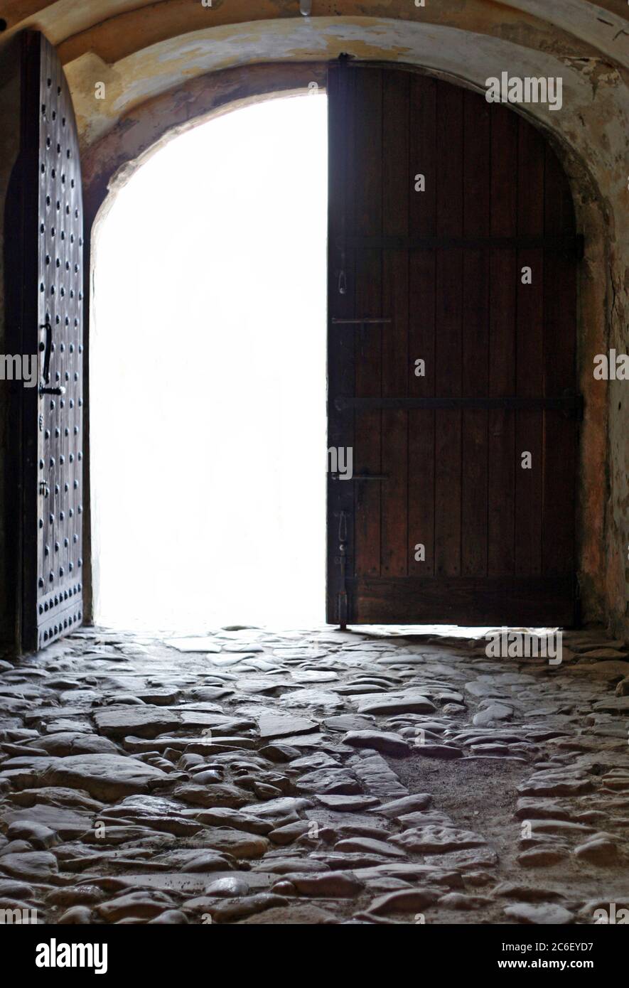 Entrance door and corridor of an old medieval european castle Stock ...