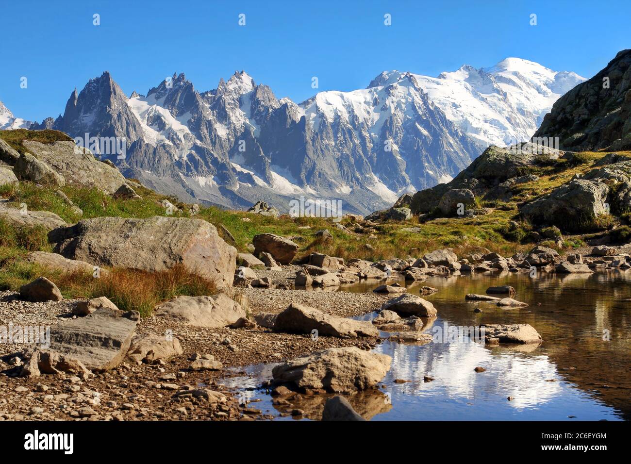 View of Mont Blanc (left most peak) from a balcony in Aiguilles Rouges ...