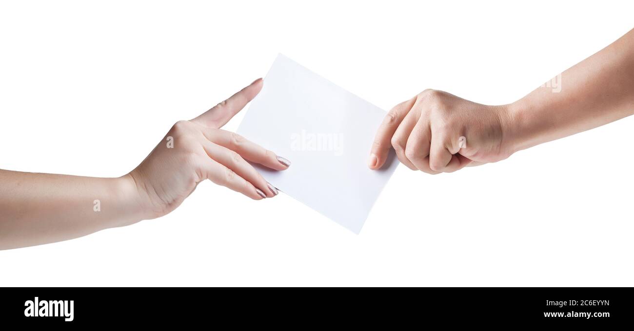 Hands holding, delivering blank piece of paper Stock Photo - Alamy