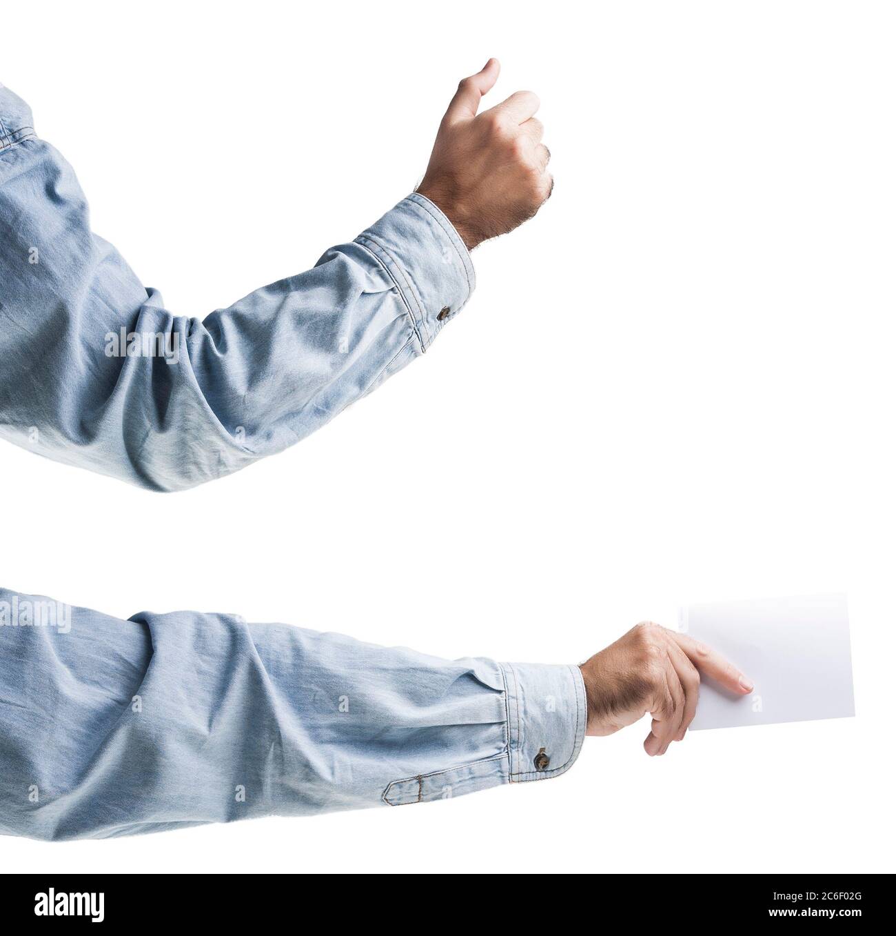 Hands holding, delivering blank piece of paper Stock Photo - Alamy