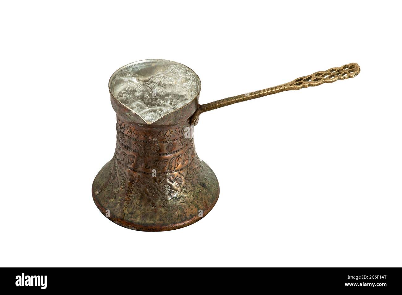 Traditional turkish coffee making copper cezve, boiling water, isolated ...