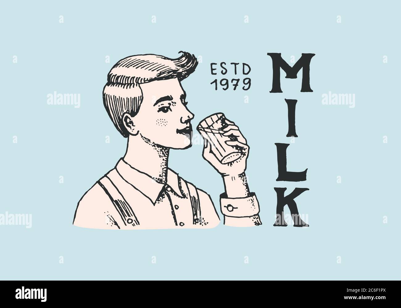 Milk label. Man holds a glass. Farm Vintage logo for shop. Badge for t ...