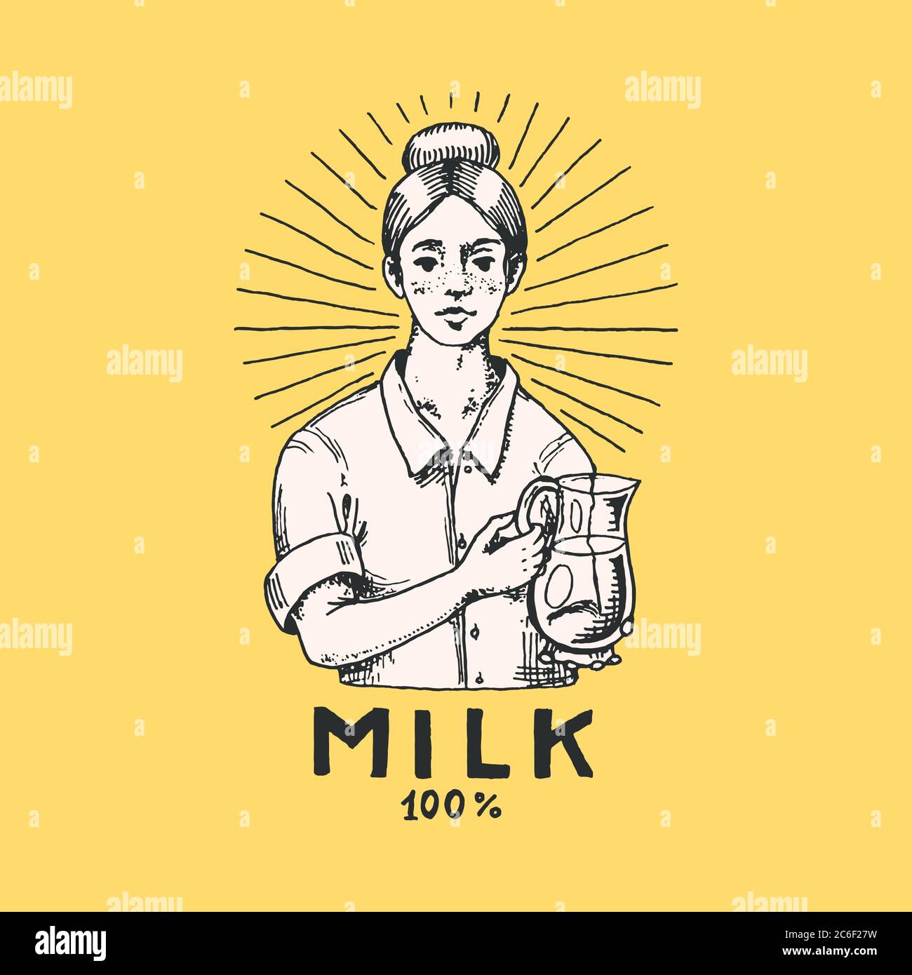 Milk label. Woman farmer, milkmaid and or bottle. Vintage farm logo for ...
