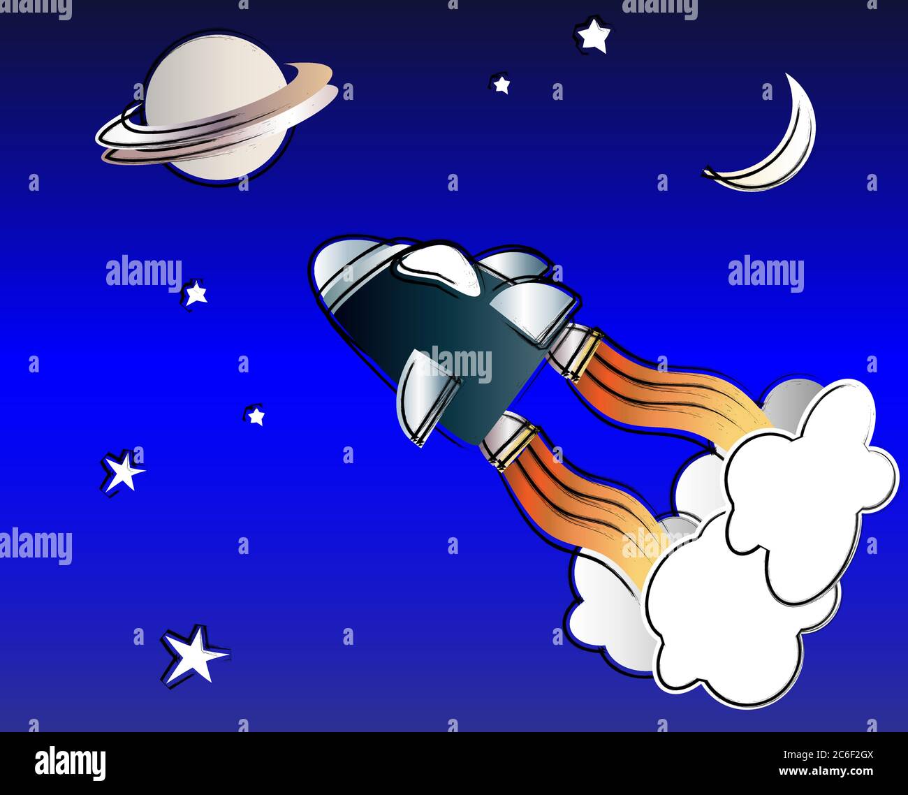 A vector illustration of a spaceship in space in the style of a child's ...