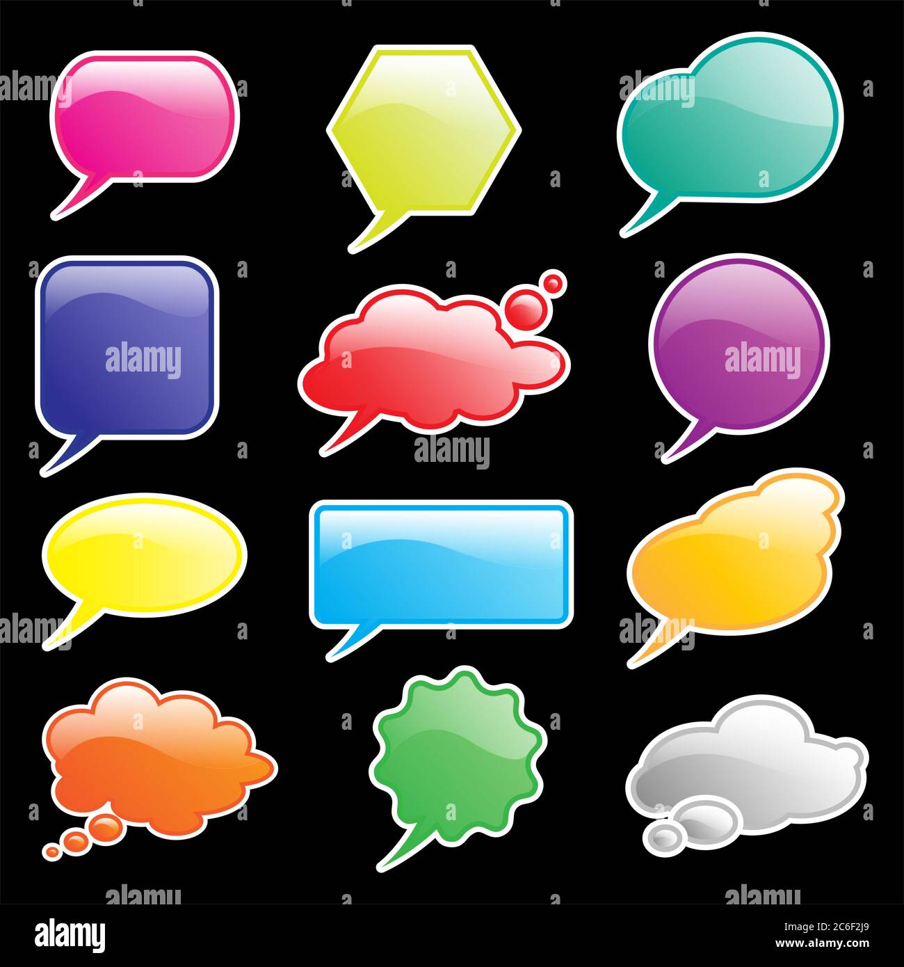 Glossy speech and think bubbles isolated on black. Space for your text ...