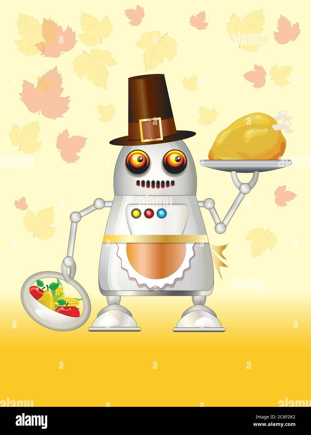 A robot dressed for Thanksgiving and serving turkey dinner, fruit and ...