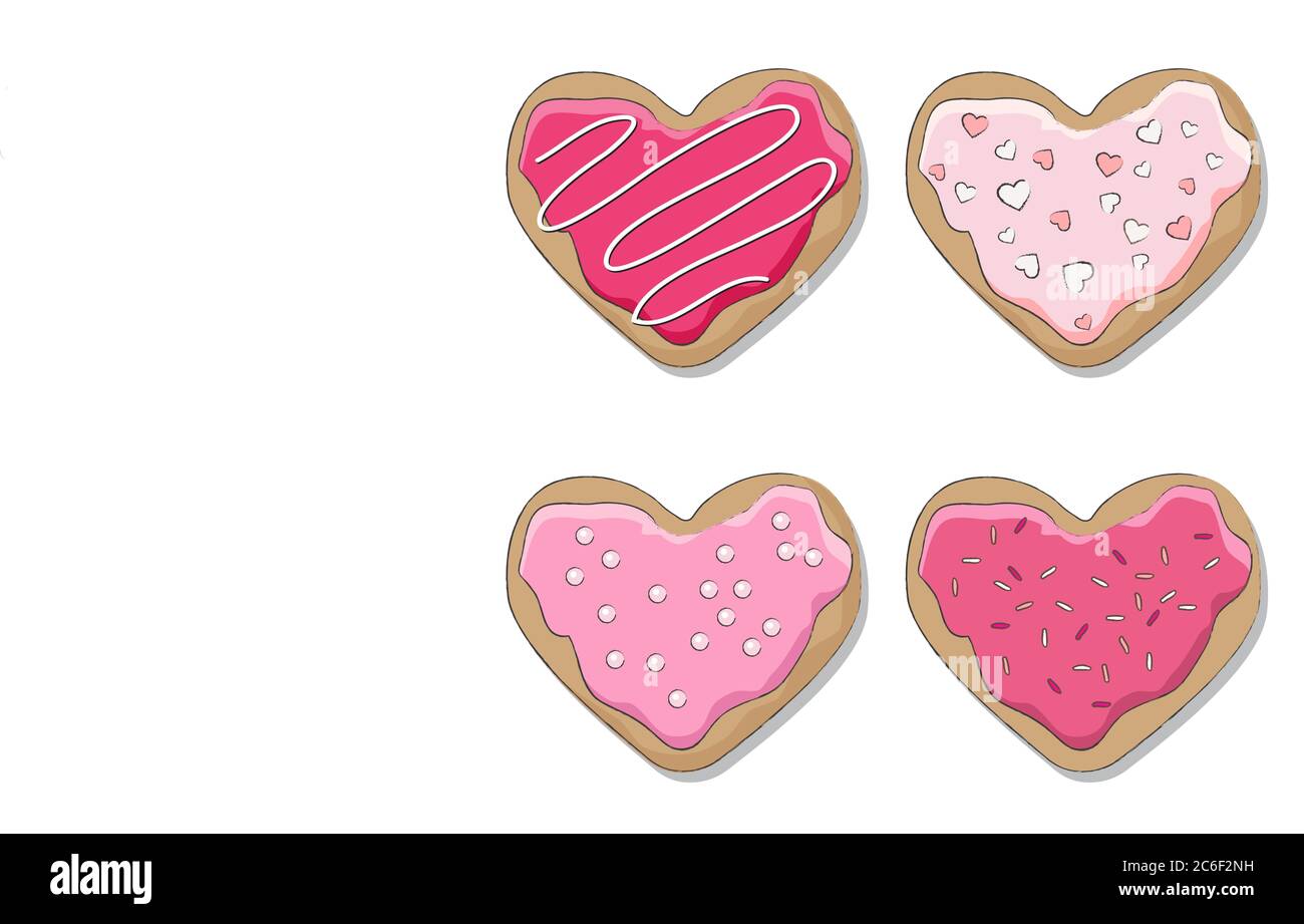 Four iced cookies over white background, decorated for Valentine's Day ...