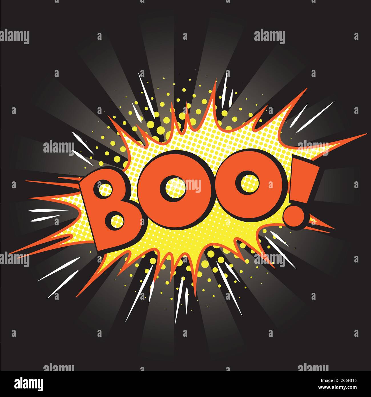Halloween style pop art icon BOO, exploding over black background ...