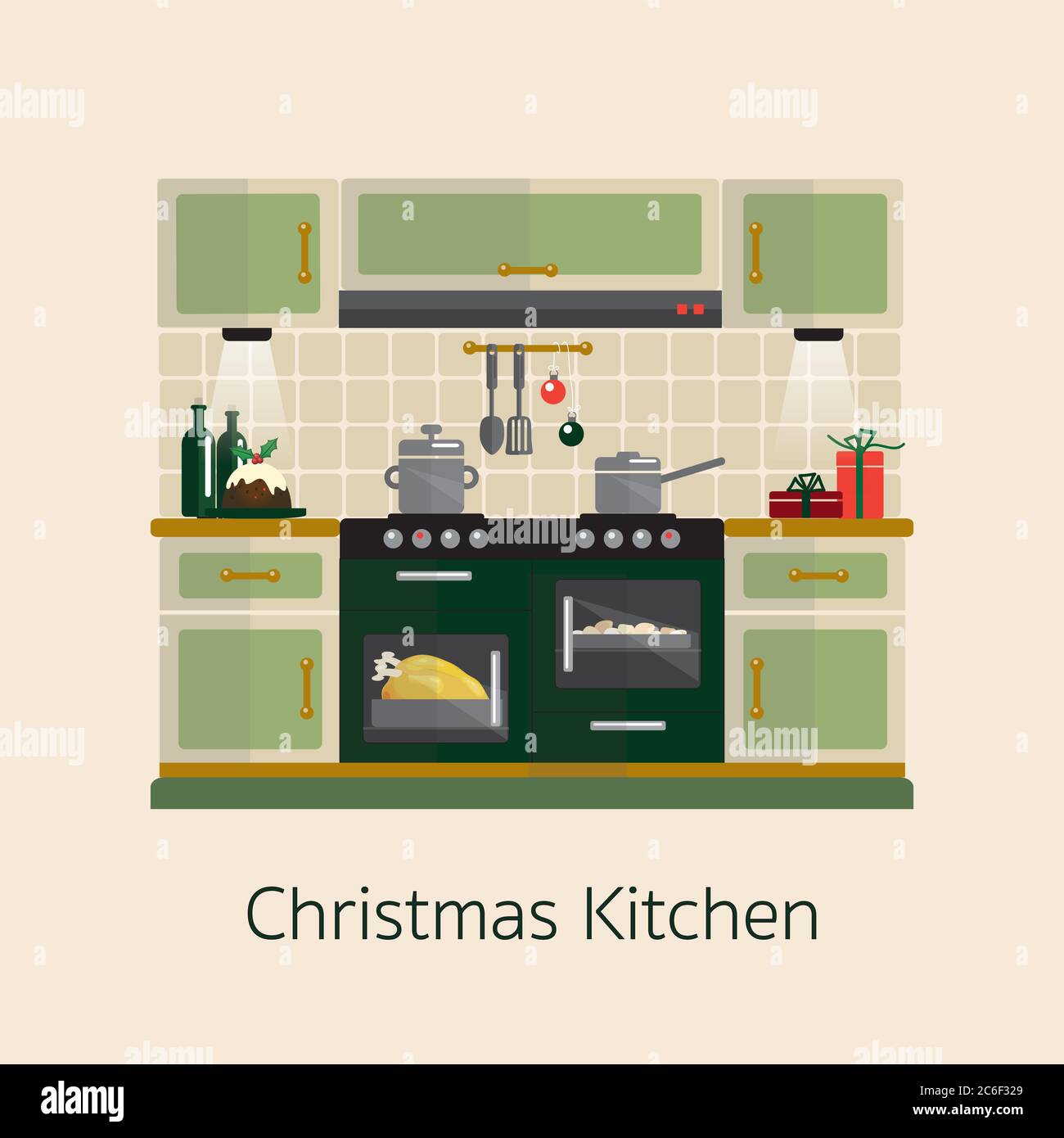 Cooking Christmas dinner. Flat style kitchen design during the festive ...
