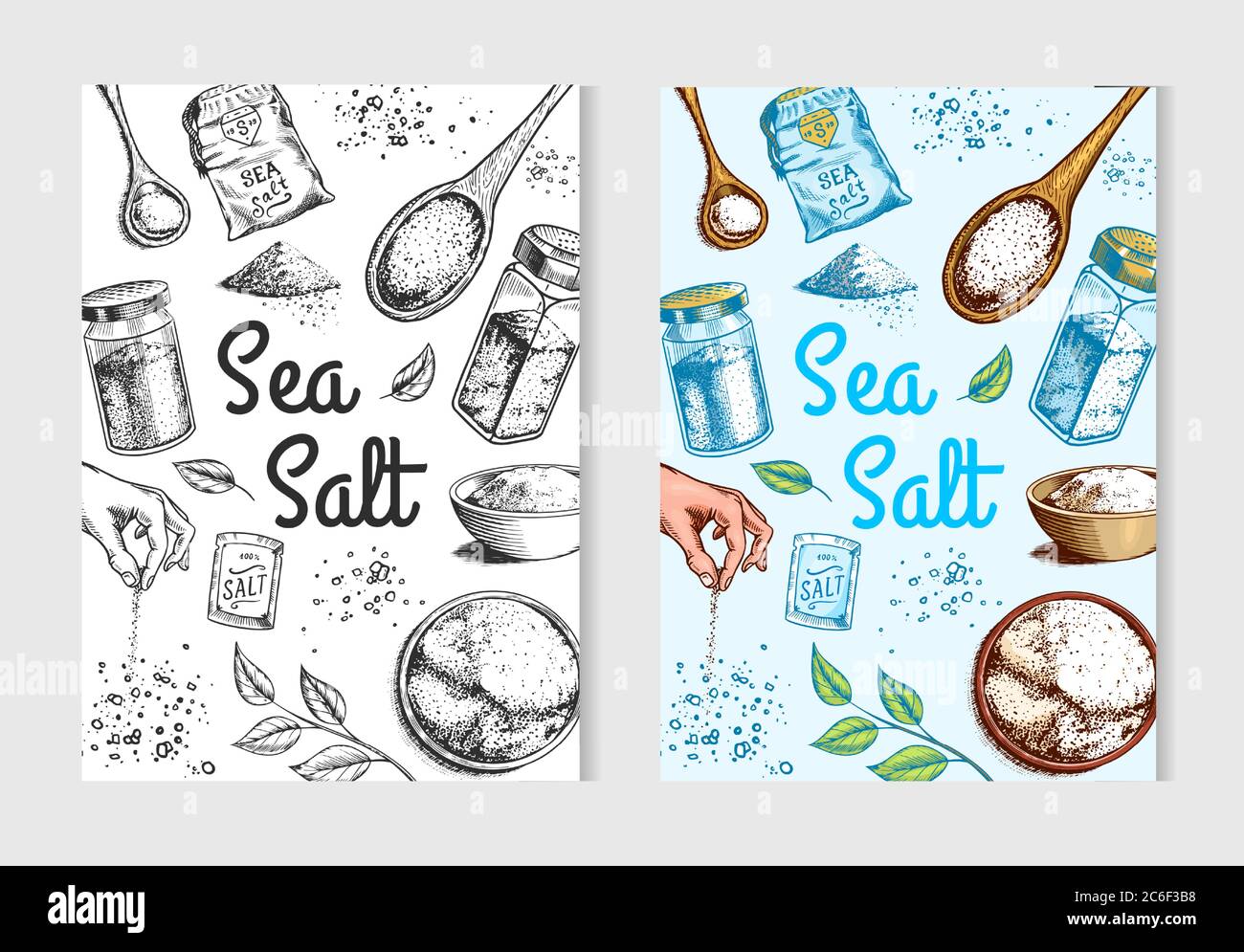 Sea salt posters and banners. Vintage labels. Glass bottles, packaging ...