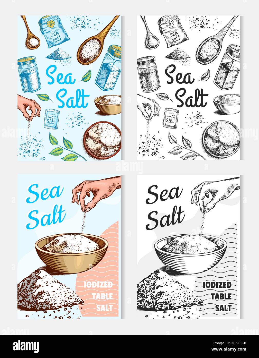 Sea salt posters and banners. Vintage labels. Glass bottles, packaging ...